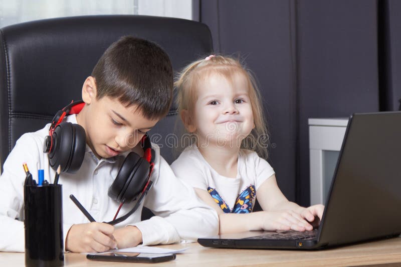 Boy with Headphones Remote Study at School Stock Image - Image of girl ...
