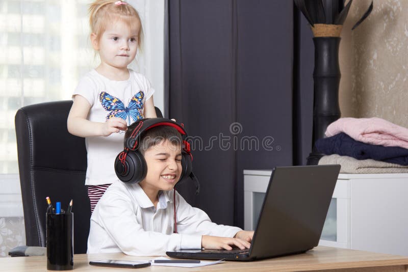 Boy with Headphones Remote Study at School Stock Image - Image of happy ...
