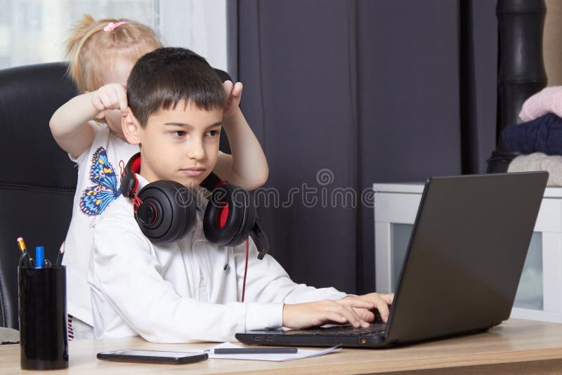 Boy with Headphones Remote Study at School Stock Photo - Image of ...