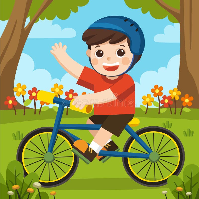 A Boy in a Helmet Having Fun in Spring Park with His Blue Bicycle ...
