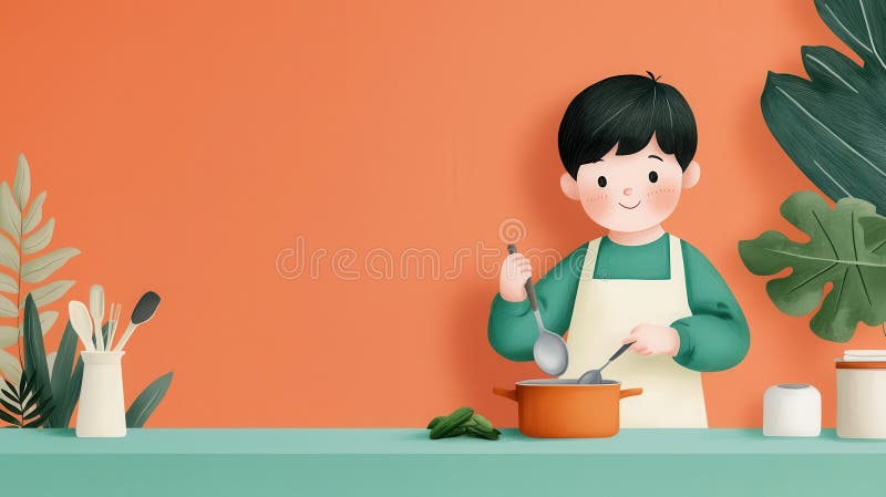 Boy, Helping His Mom Cook Dinner, Kitchen Activity, Watercolor Style ...