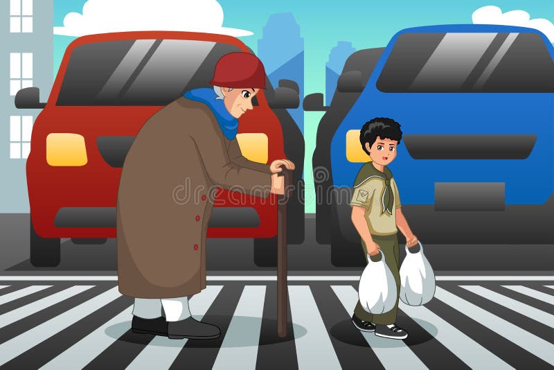 Boy Helping Old Woman Across Street Stock Illustrations – 13 Boy ...