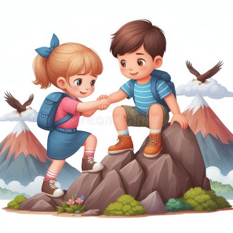 A Boy Helps a Girl Climb a Mountain. Stock Illustration - Illustration ...