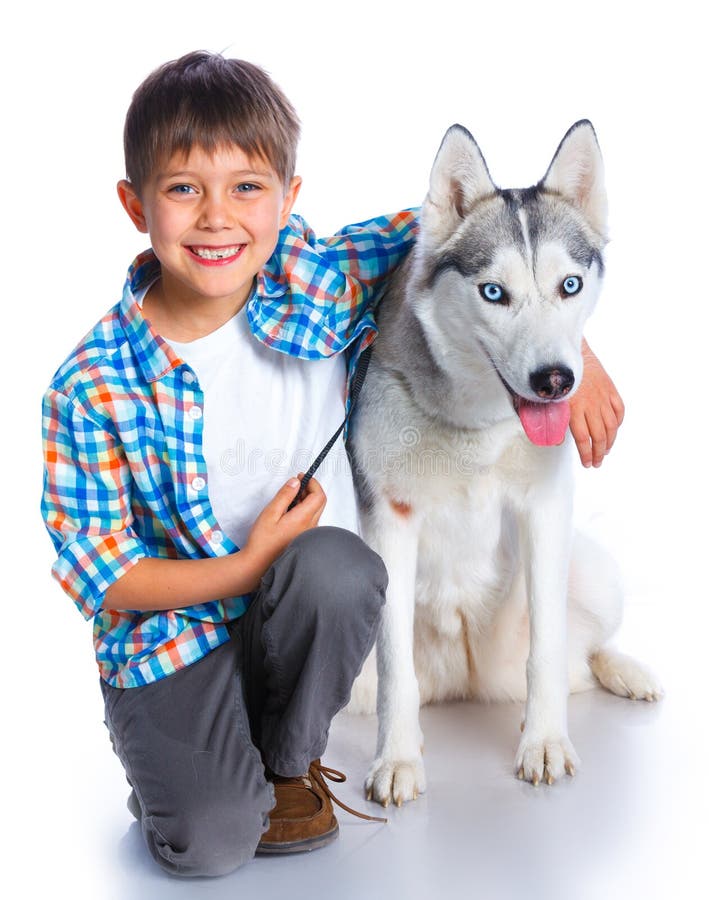 Boy with her dog husky stock image. Image of bonding - 71119769