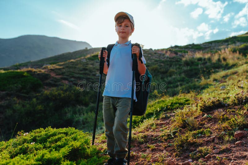 Boy Hiker with Backpack and Trekking Poles Stock Image - Image of ...