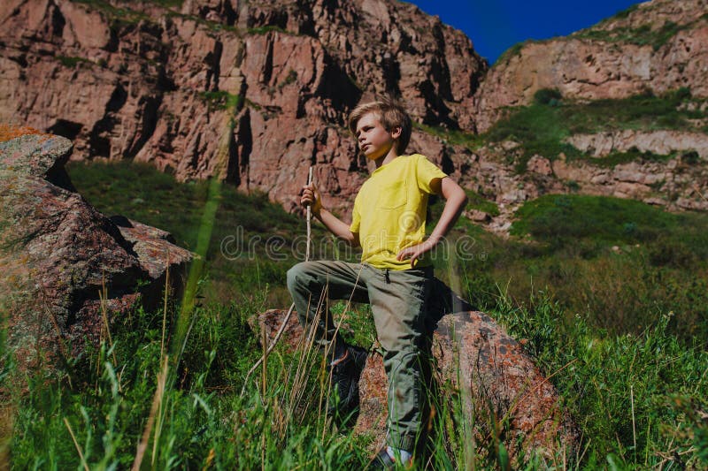 Boy Hiker with Stick Posing on a Mountain Pass Stock Photo - Image of ...