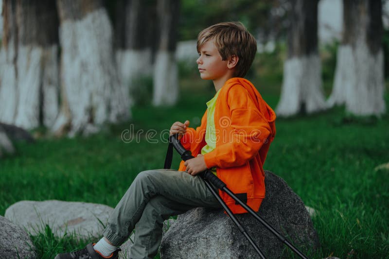 Boy with Trekking Poles Sitting on a Boulder and Looking Away Stock ...