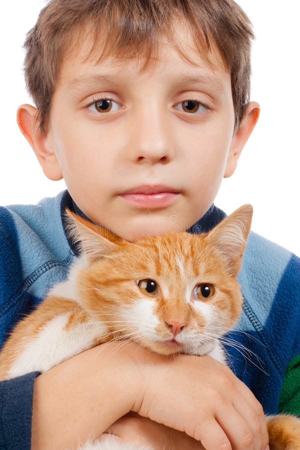 Boy with his cat stock image. Image of tenderness, isolated - 63445531