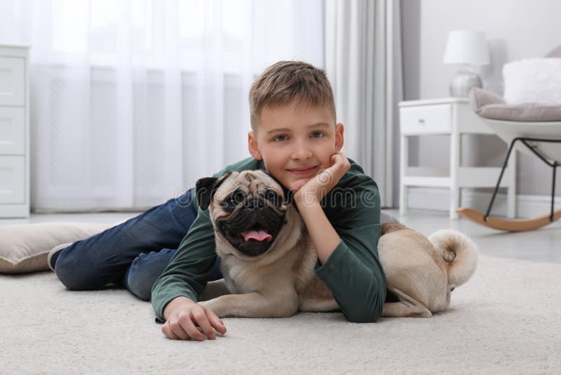 Boy with His Cute Pug on Floor Stock Photo - Image of childhood, happy ...