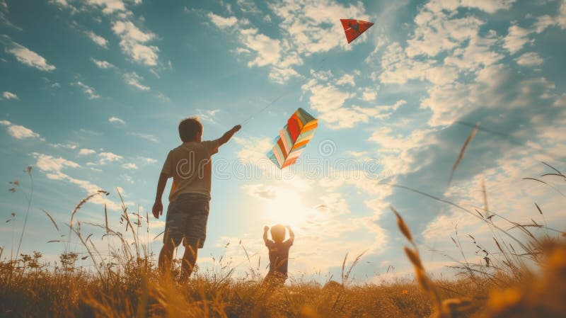 A Boy and His Dad Launch a Multi-colored Kite into the Sky on a Field ...