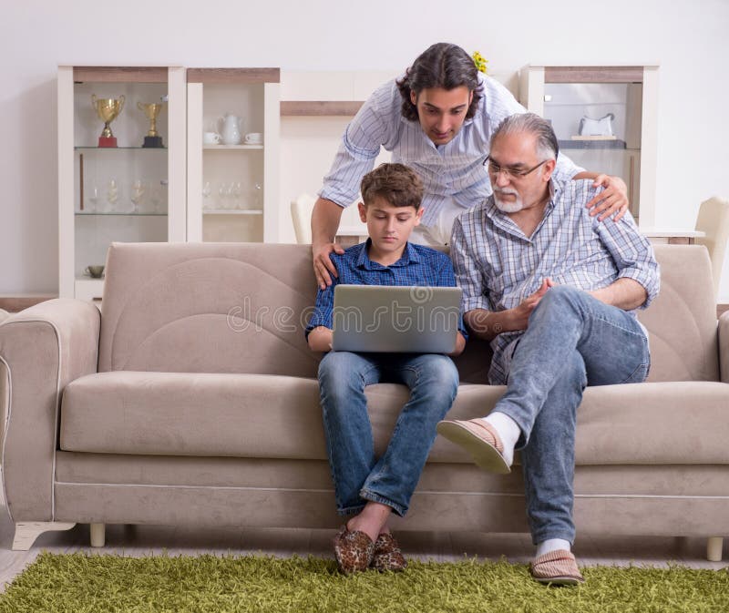 Boy and His Father and His Grandfother Indoor Stock Image - Image of ...