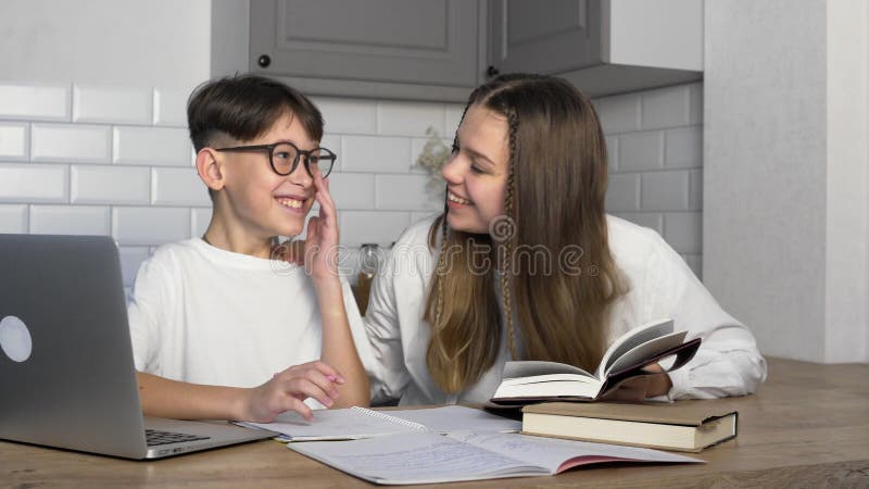 A Boy and His Older Sister are Learning Lessons. Study Stock Footage ...