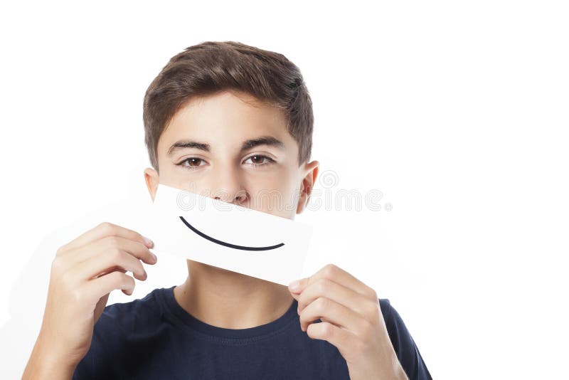 Boy Holding False Smile Card Stock Photo - Image of concept, behavioral ...