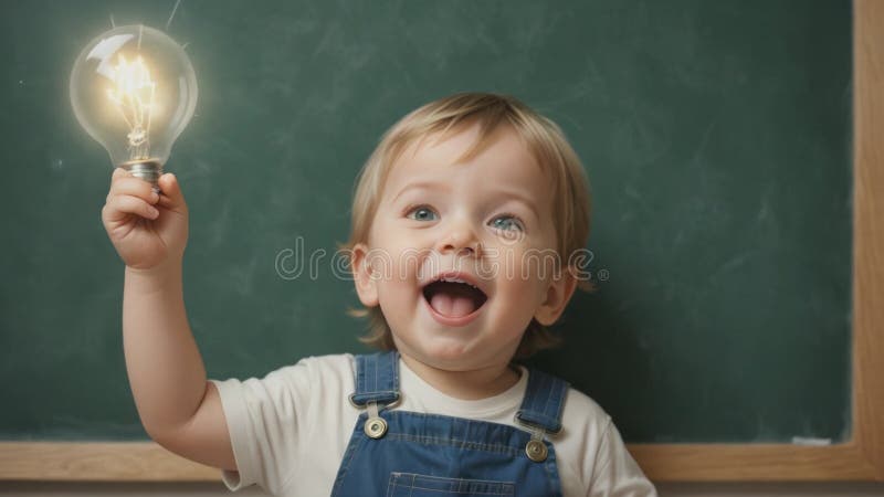 A Boy Holding a Lit Light Bulb Points His Finger Upward, Symbolizing ...