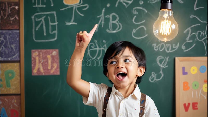 A Boy Holding a Lit Light Bulb Points His Finger Upward, Symbolizing ...