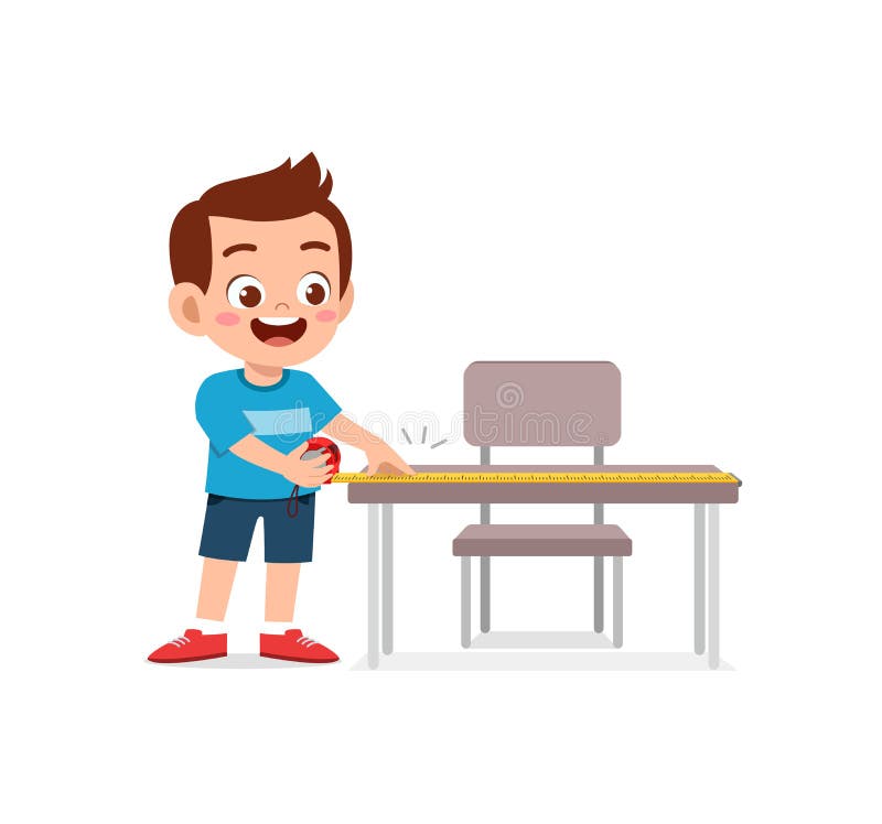 Boy Holding Measure Tape and Check Length of Table Stock Vector ...