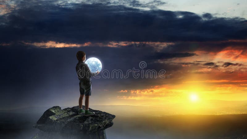 Boy holding moon at night stock illustration. Illustration of cute ...