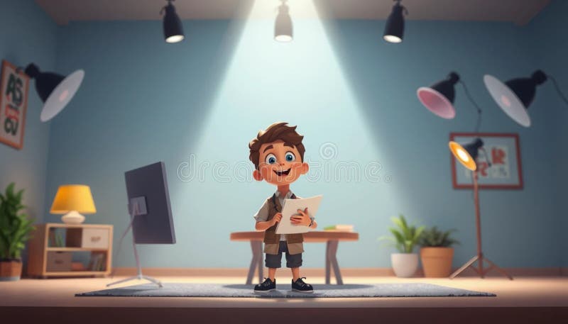 Boy Holding Paper Standing in Lit Studio Ready for His Performance ...