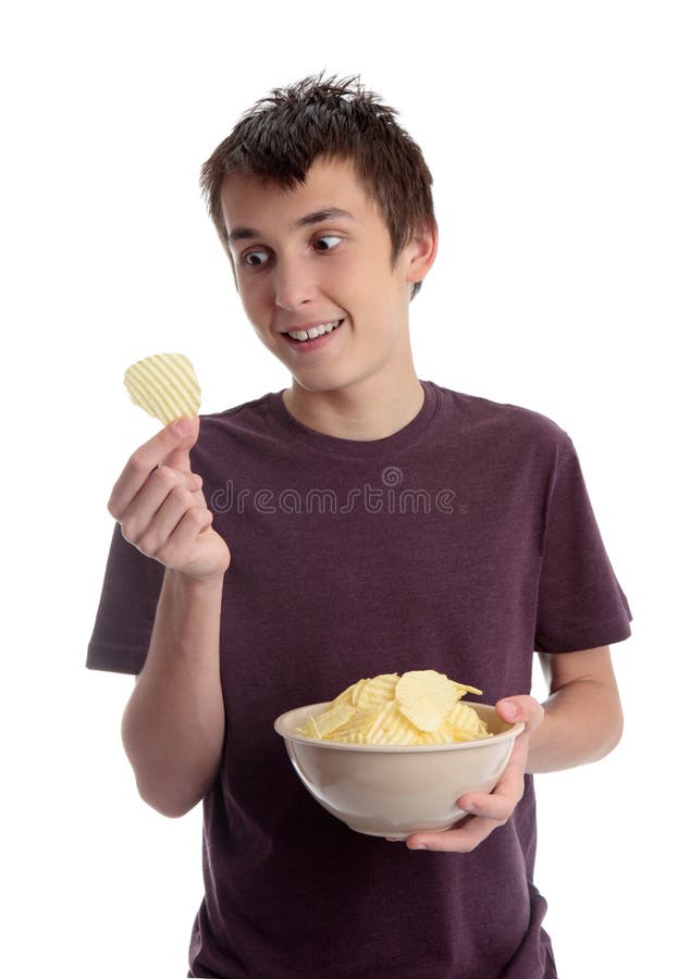 Boy Holding Potato Crisp and Smiling Stock Photo - Image of smiling ...