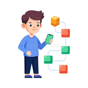 Boy Holding Smartphone with Process Flow Diagram, Technology and Connectivity Stock Vector ...
