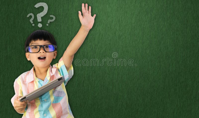 Boy Holding Tablet Raise His Hand Up for Question Stock Photo - Image ...