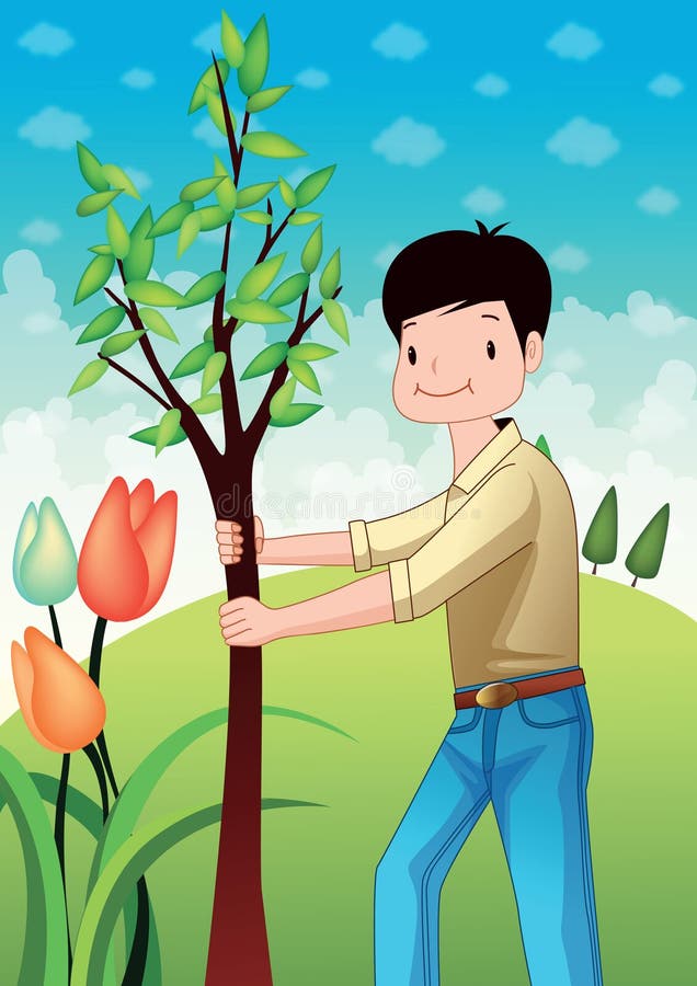 Boy Holding Tree in Hands. Vector Illustration Decorative Design Stock ...