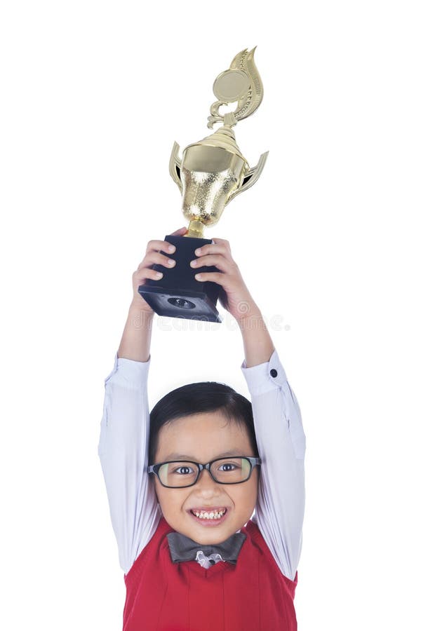 Boy Holding Trophy Above His Head - Isolated Stock Image - Image of ...