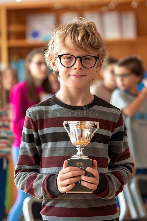 Boy Holding a Trophy, Smiling Proudly in a Classroom Setting Stock ...