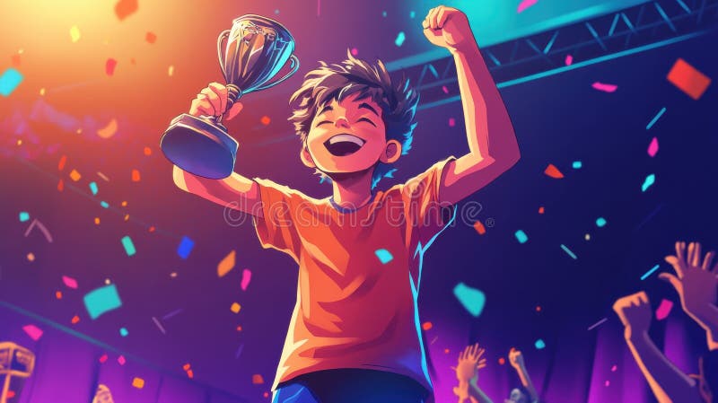 Boy Holding a Trophy while Standing in Front of a Cheering Crowd at an ...