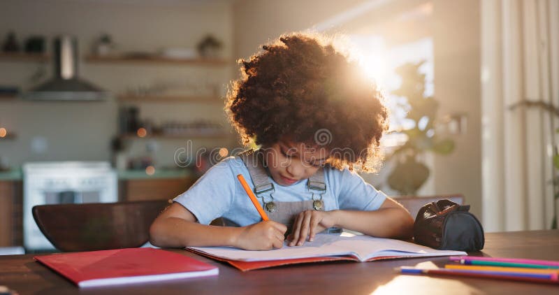 Boy, Home and Writing Homework on Table in House, Education and School ...