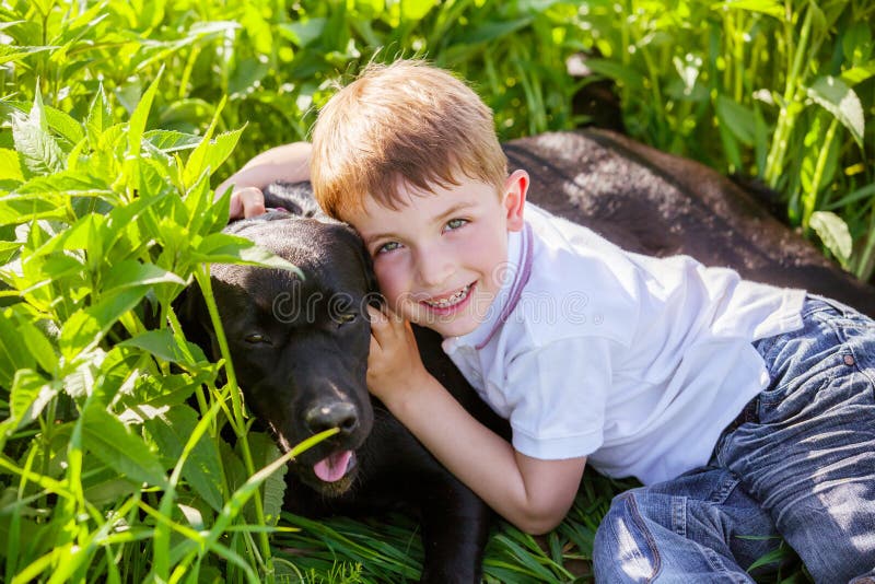 Boy Hugging a Big Dog in an Outdoor Setting Stock Image - Image of love ...