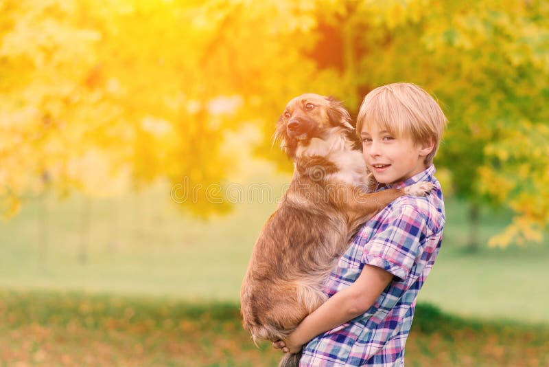 Boy Hugging Dog and Playing with in the Fall, City Park Stock Image ...