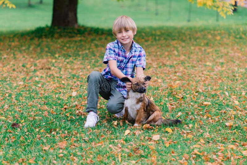 Boy Hugging Dog and Plyaing with in the Fall, City Park Stock Photo ...