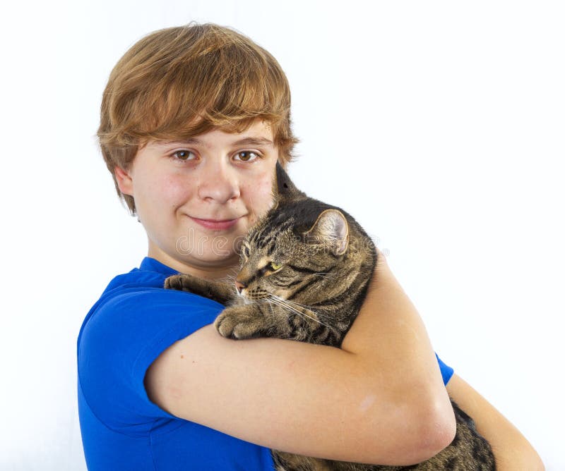 Boy hugging with his cat stock image. Image of cute - 111382267