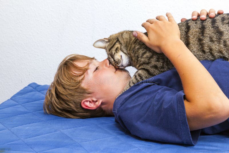 Cute boy hugging his cat stock image. Image of male, friendly - 37279569