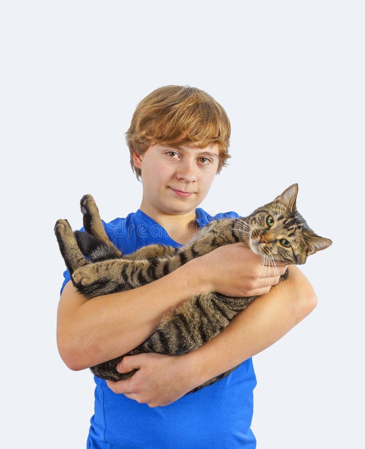 Cute boy hugging his cat stock image. Image of male, friendly - 37279569