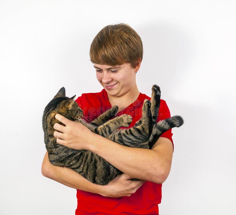 Boy Hugging with His Cute Cat Stock Image - Image of friendship, happy ...