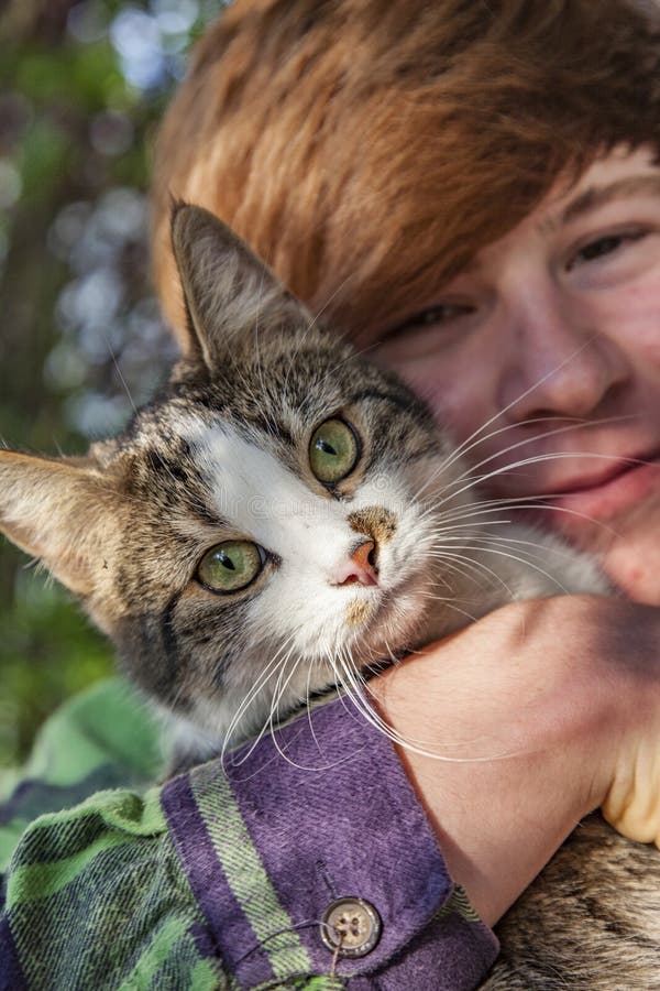 Boy Hugging with His Cute Cat Stock Photo - Image of nose, garden ...