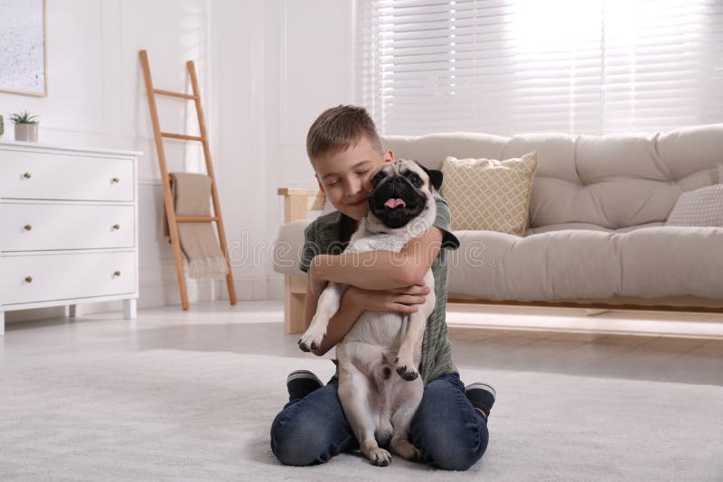 Boy Hugging His Cute Pug in Living Room Stock Image - Image of ...