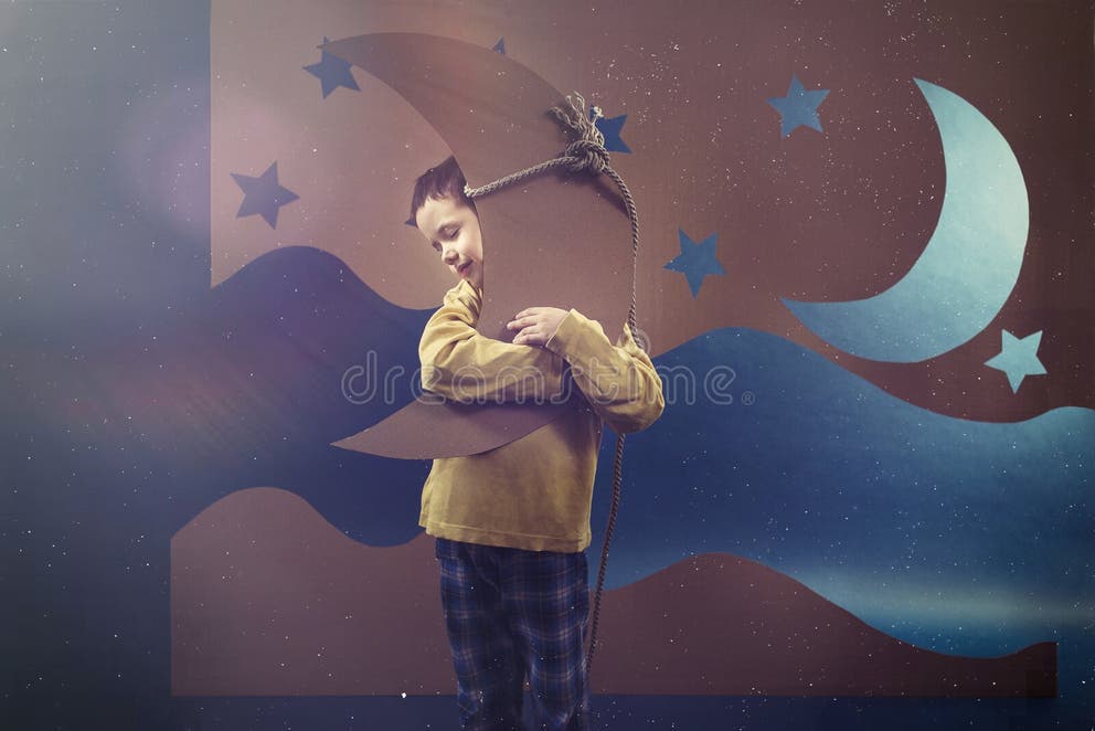 Boy hugging the moon stock photo. Image of stars, dream - 83277640
