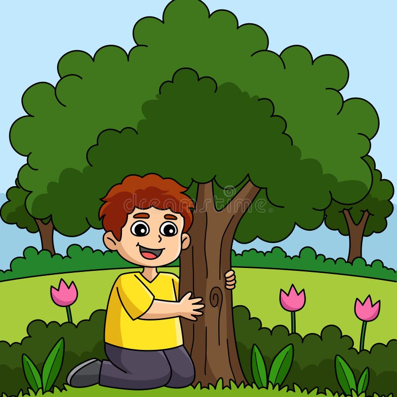 Boy Hugging a Tree Colored Cartoon Illustration Stock Vector ...