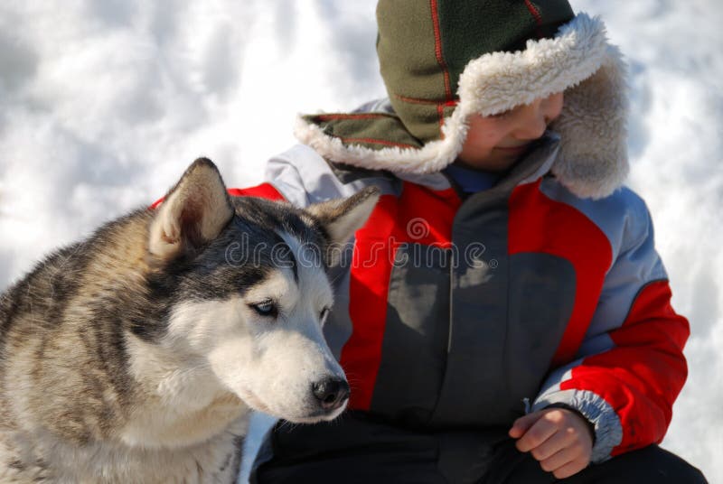 Boy with husky dog stock image. Image of snow, wintry - 5213335