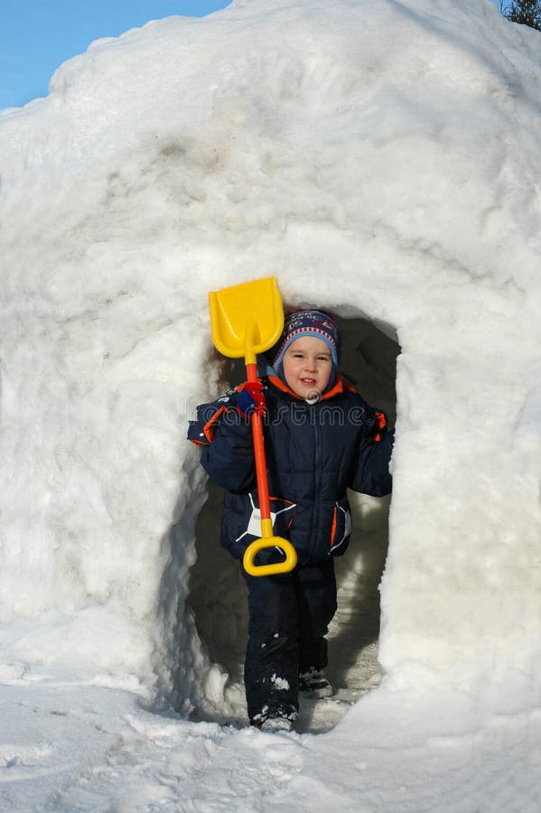 Boy in igloo stock image. Image of snow, door, winter - 12936923