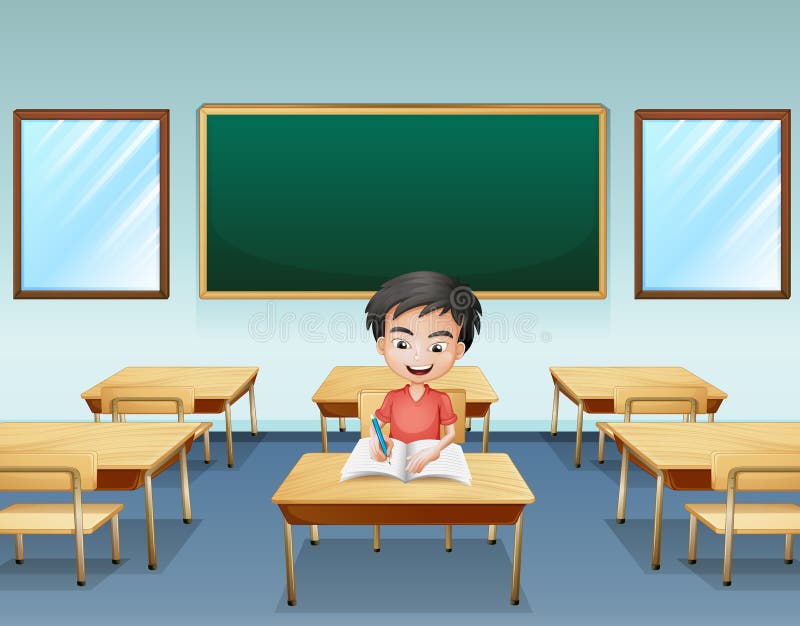 A Boy Inside a Classroom with an Empty Board at the Back Stock Vector ...