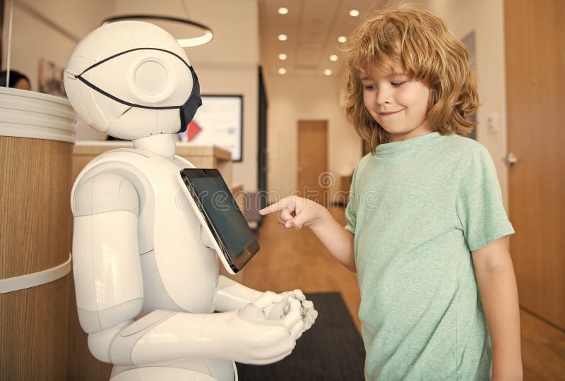 Boy Interact with Robot Artificial Intelligence, Communication Stock ...