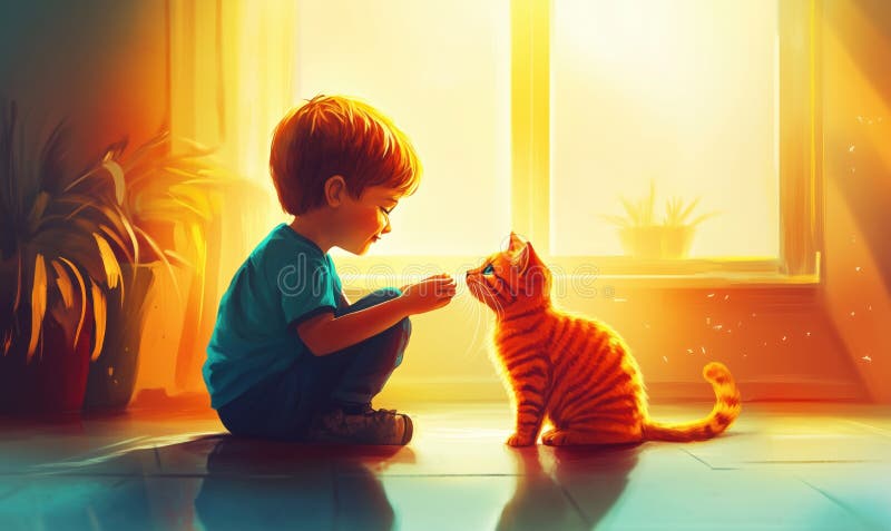 Boy Interacting with Orange Tabby Cat in Warm Sunlight Indoors Stock ...