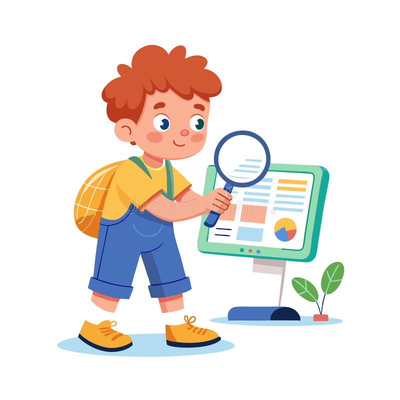 Boy Investigating Data on Computer Screen with Magnifying Glass ...