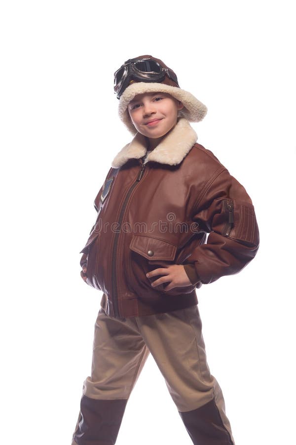 The Boy is an Aviator in the Jacket of the Pilot and in Old Glasses ...