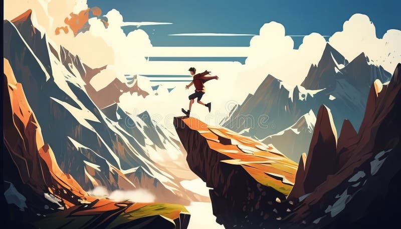 Boy Jumping Over the Mountain, Digital Art Illustration, Generative AI ...
