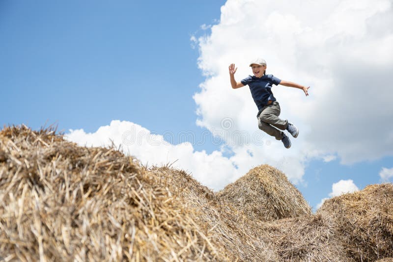 A Boy Jumps into a Haystack-a Figure Against the Sky Stock Photo ...